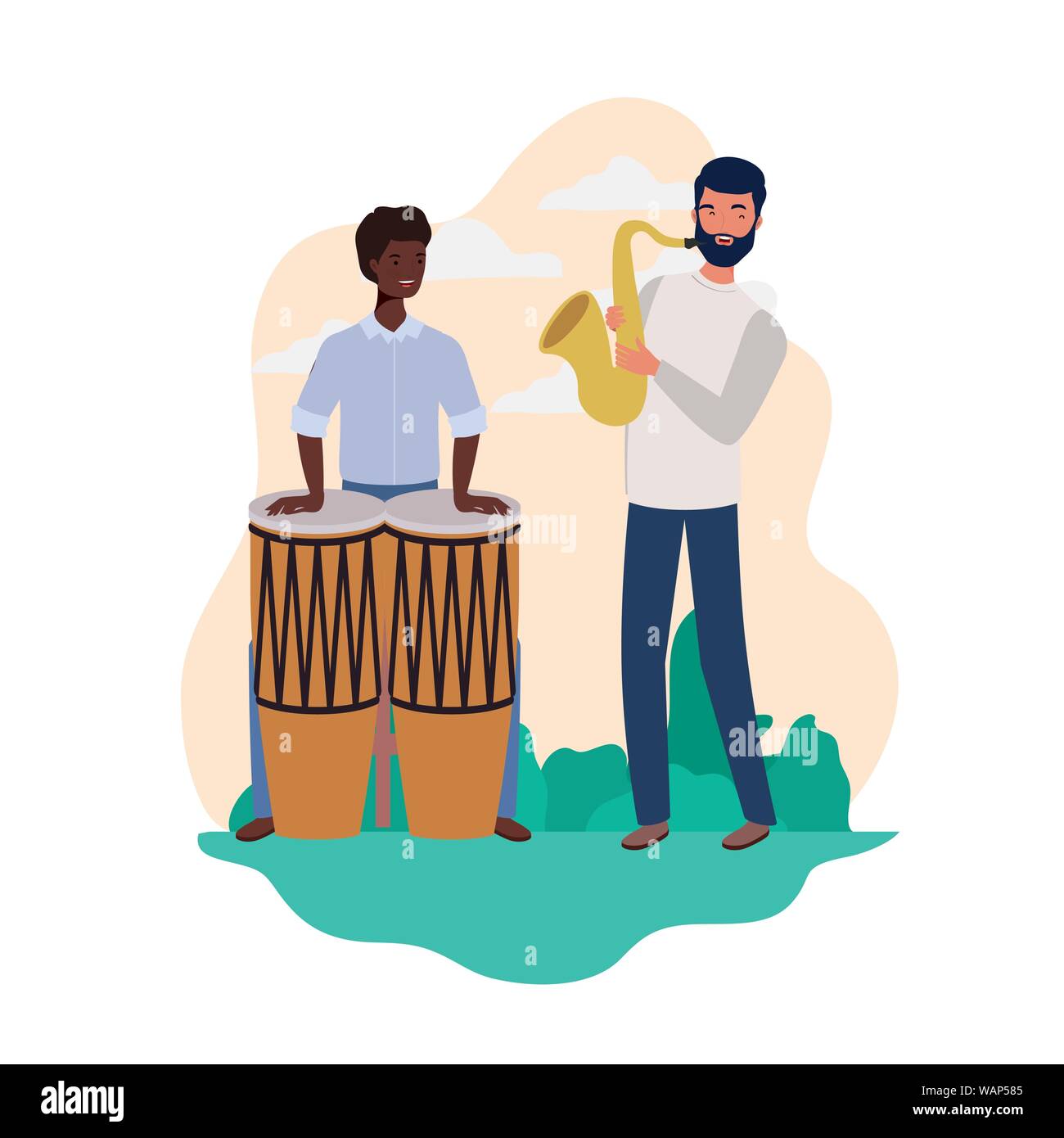 men with musicals instruments and background landscape Stock Vector ...