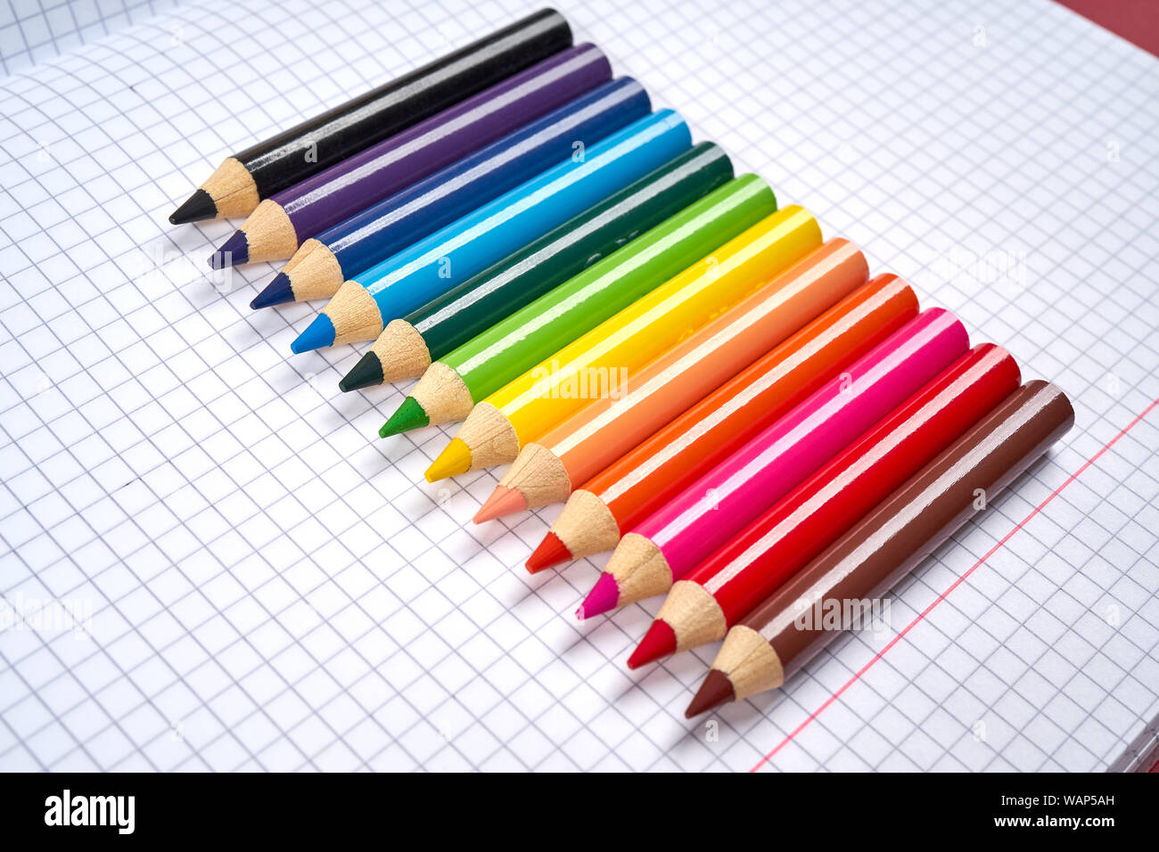 colored pencil crayons on an open checkered notebook Stock Photo - Alamy