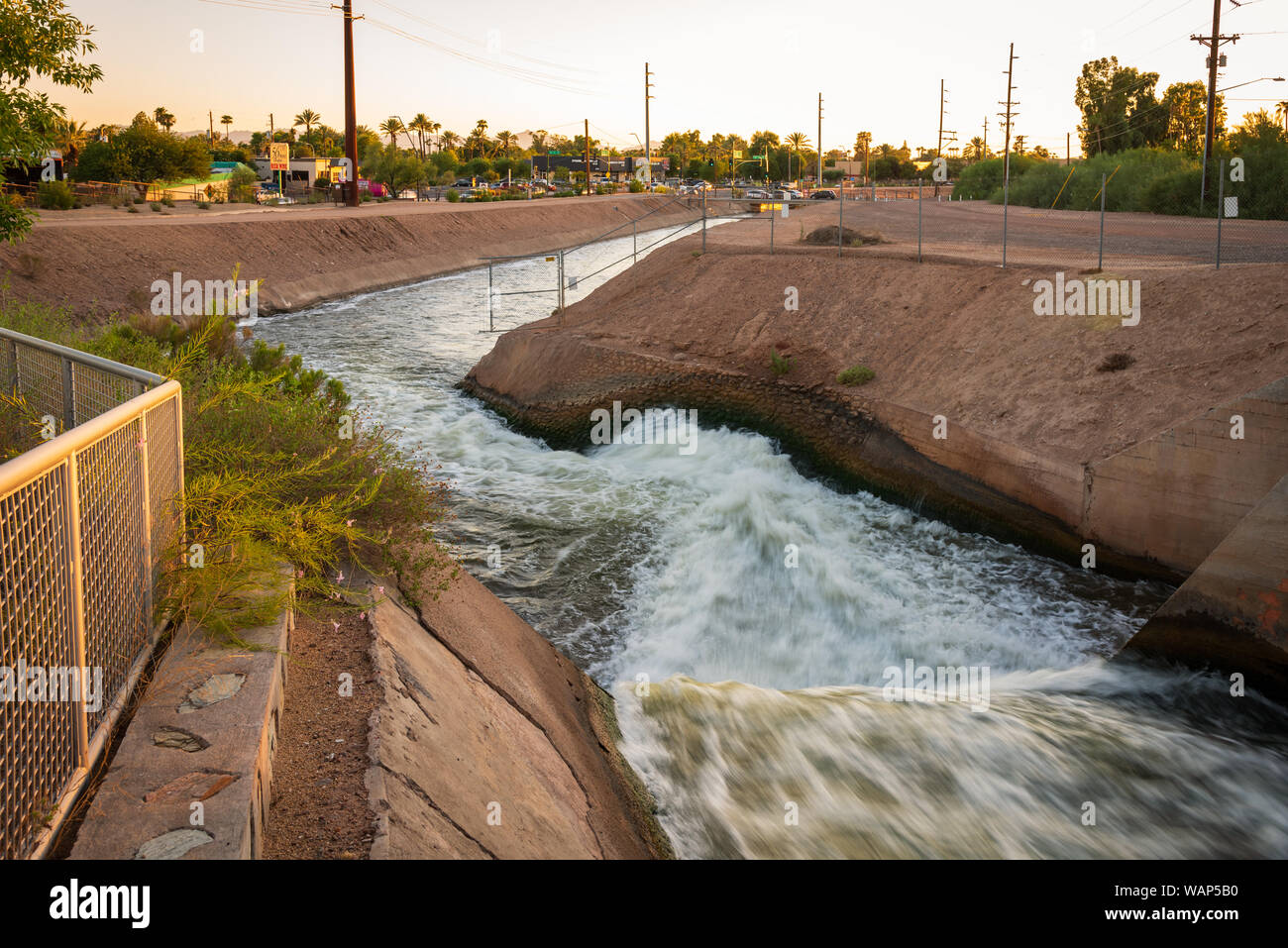 Sunset view from the Arizona Falls by SRP of water flowing down the ...
