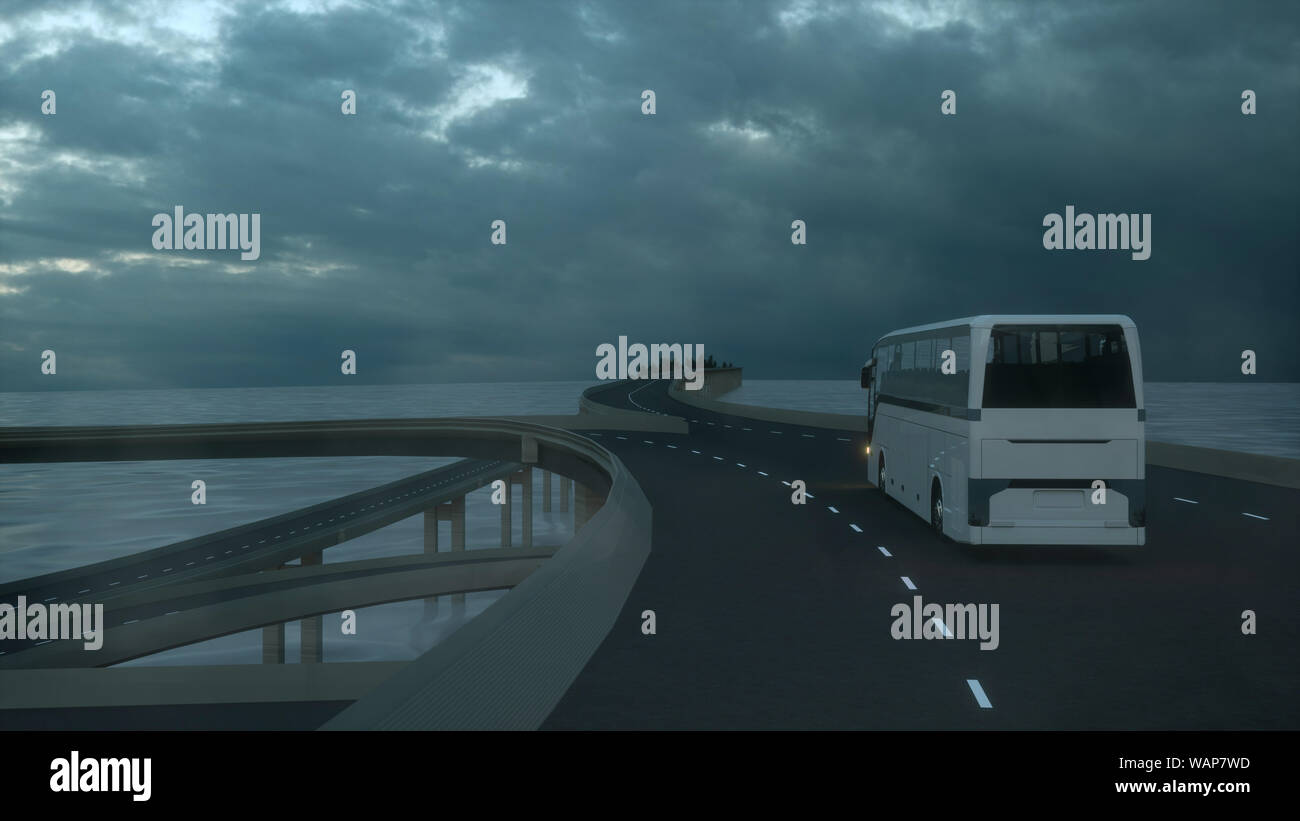 Tourist white bus driving on the bridge under an ominous cloudy sky. 3d ...