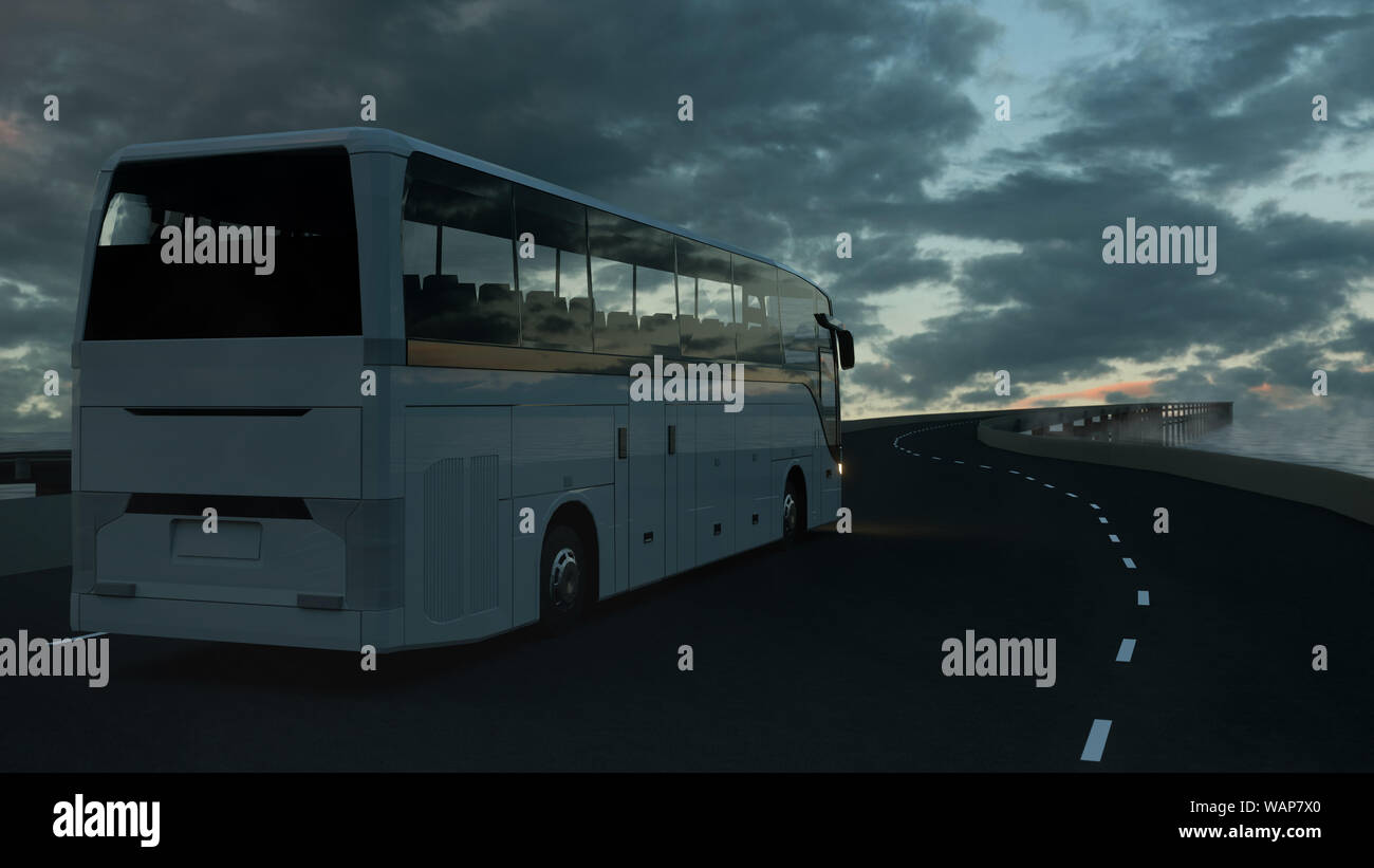 Tourist white bus driving on the bridge under an ominous cloudy sky. 3d ...
