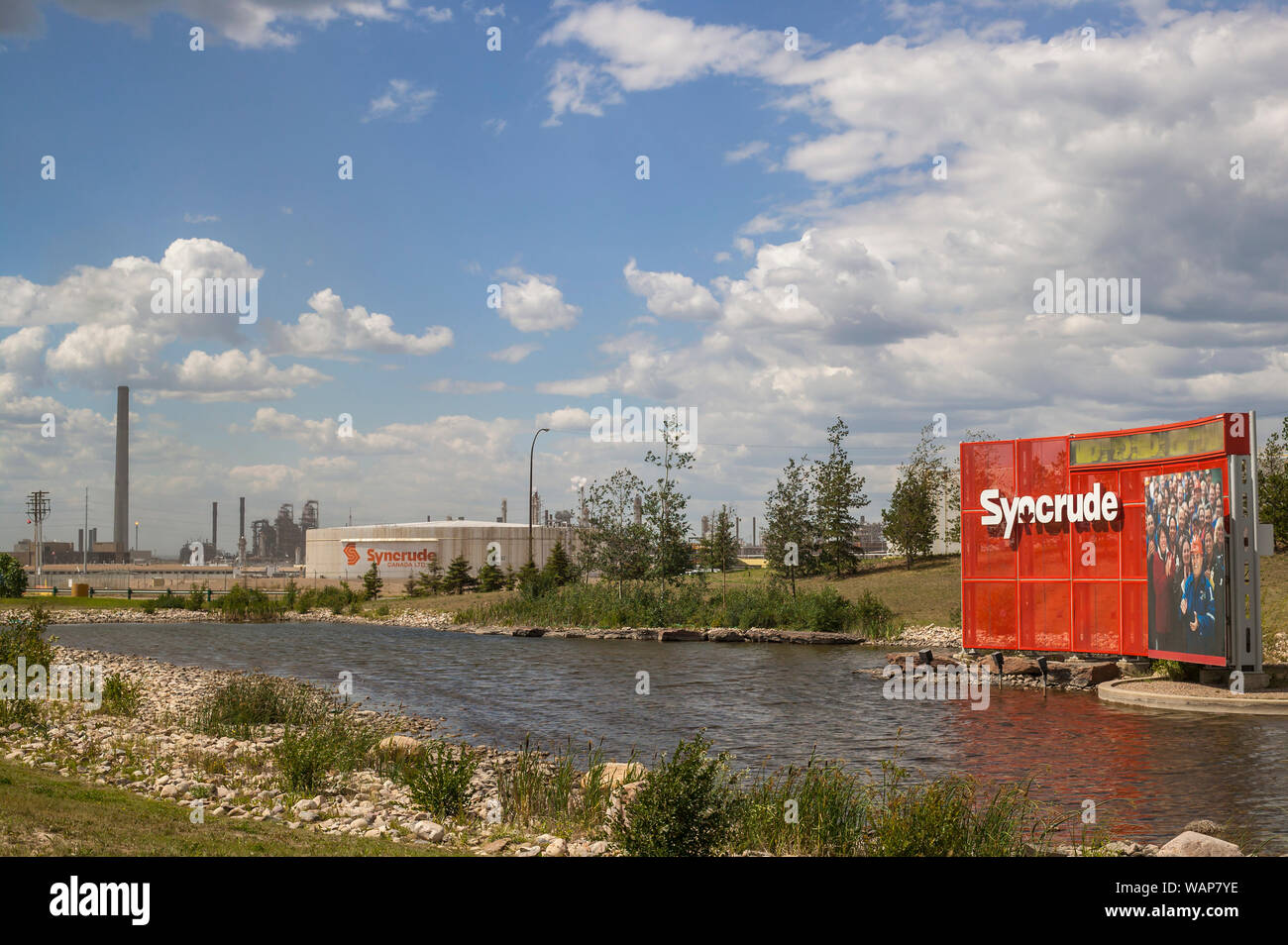 Ground photo of entrance to Syncrude oil sands operations north of Fort ...
