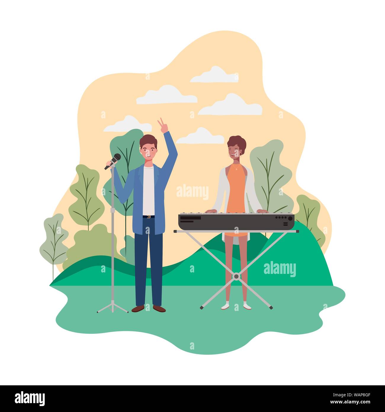 couple of people with musicals instruments and background landscape ...