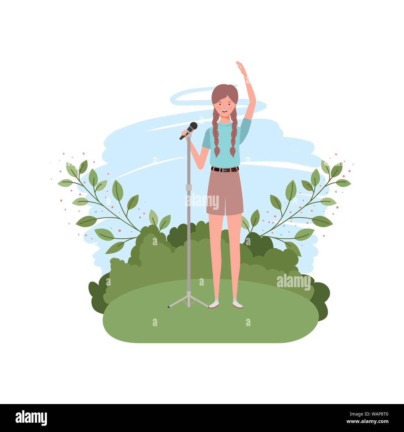 woman with microphone and branches and leaves in the background Stock ...