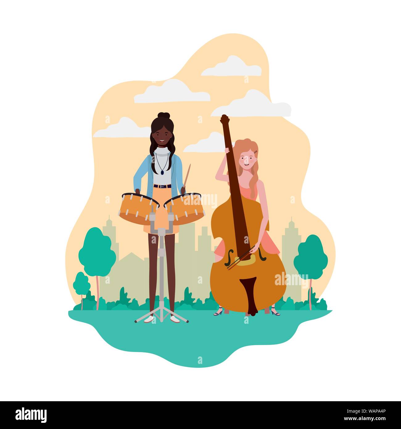 women with musical instruments and background landscape Stock Vector ...
