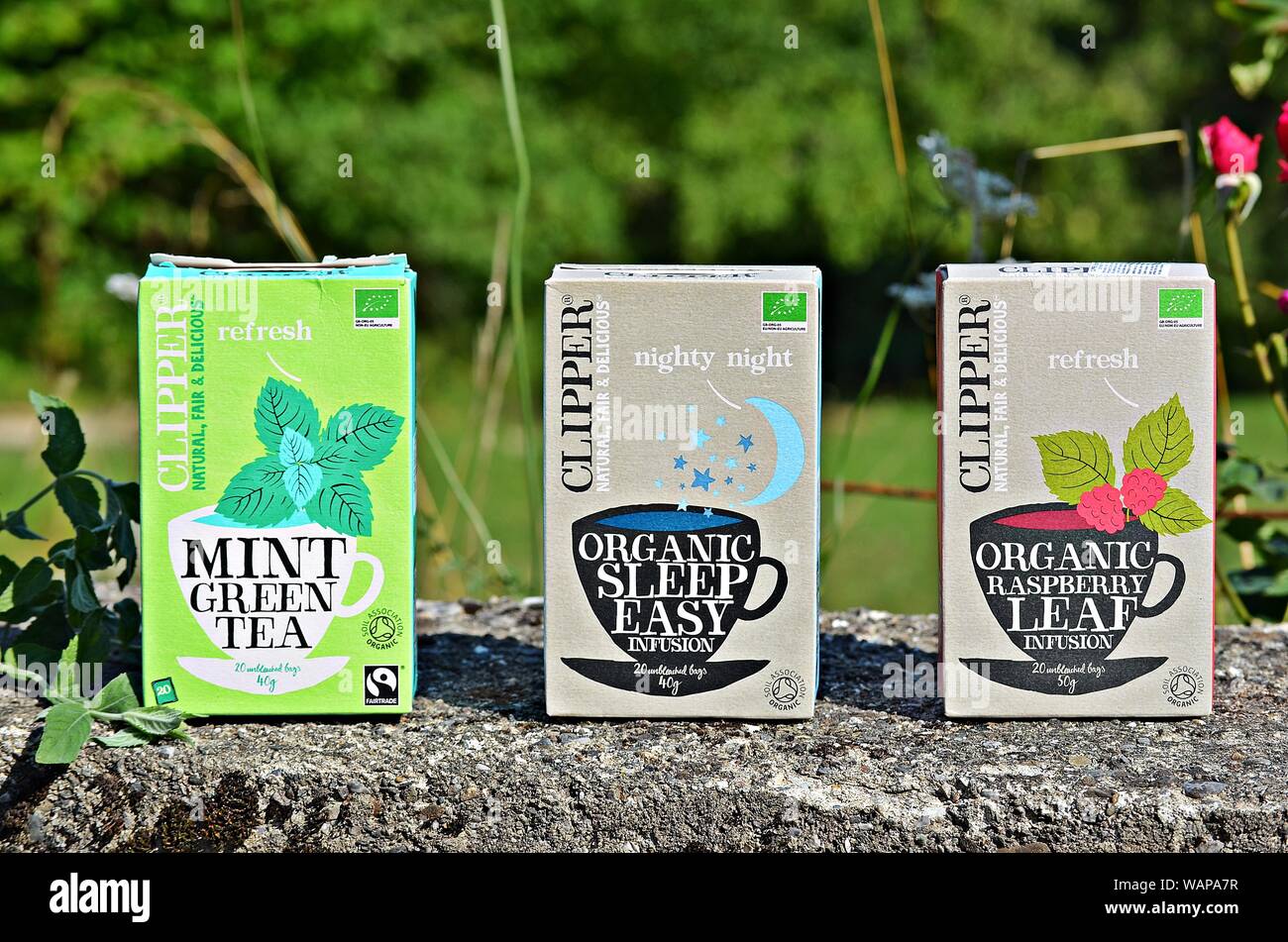 Close-up of Packagings of Clipper Teas/Infusions photographed on a ...