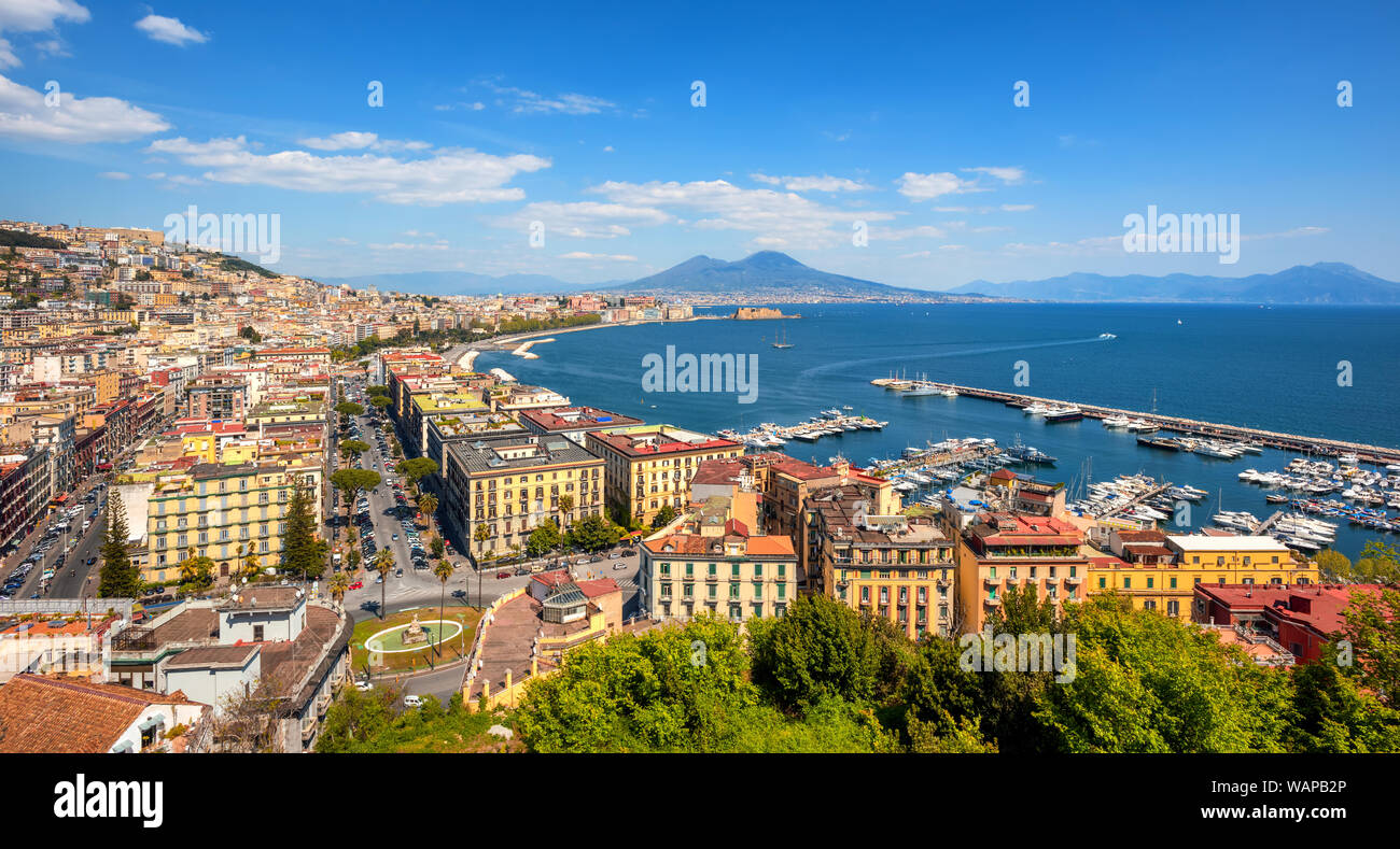 Panoramic view of Naples city, Chiaia neighborhood, Mount Vesuvius and ...