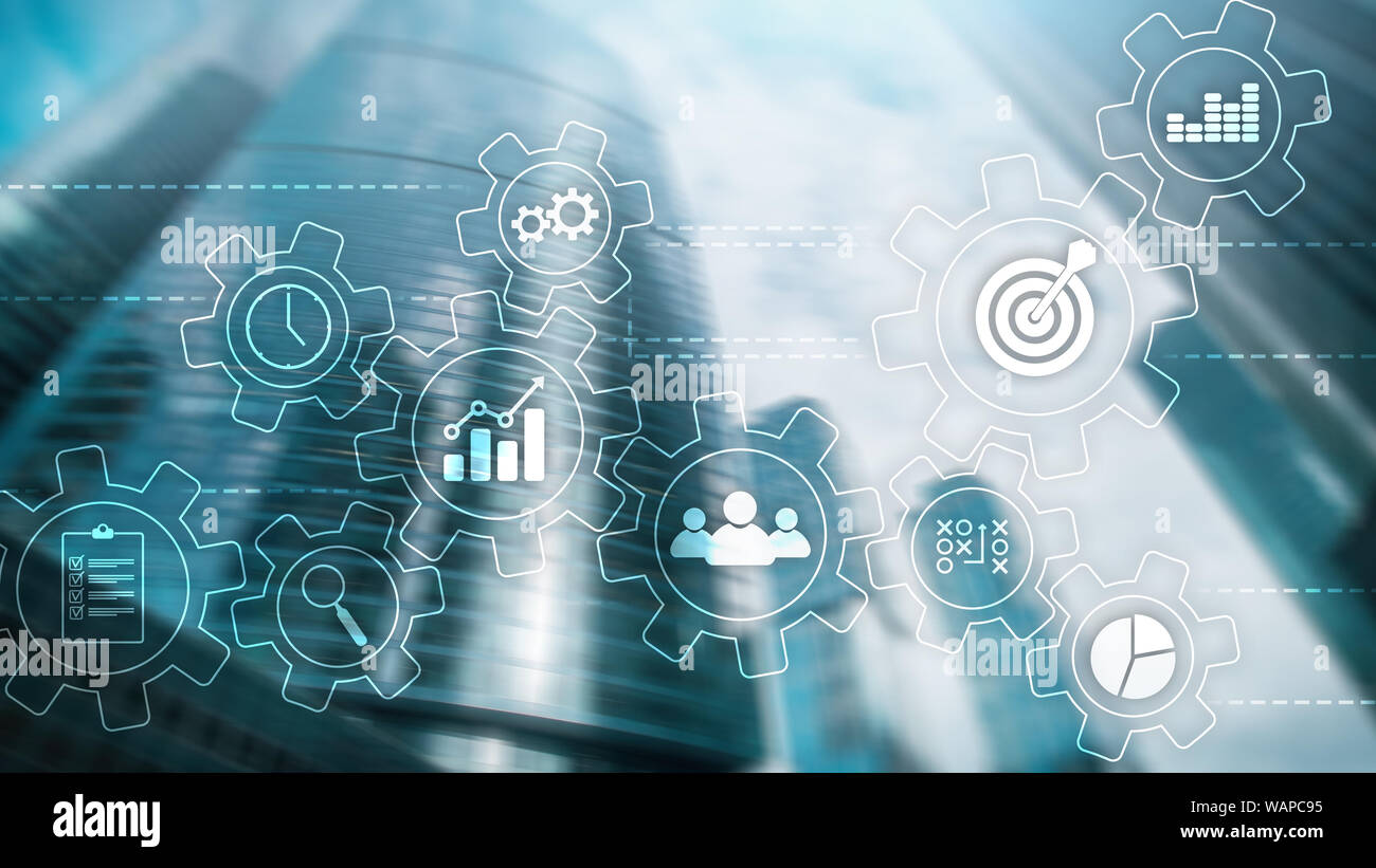 Business process automation concept. Gears and icons on abstract ...