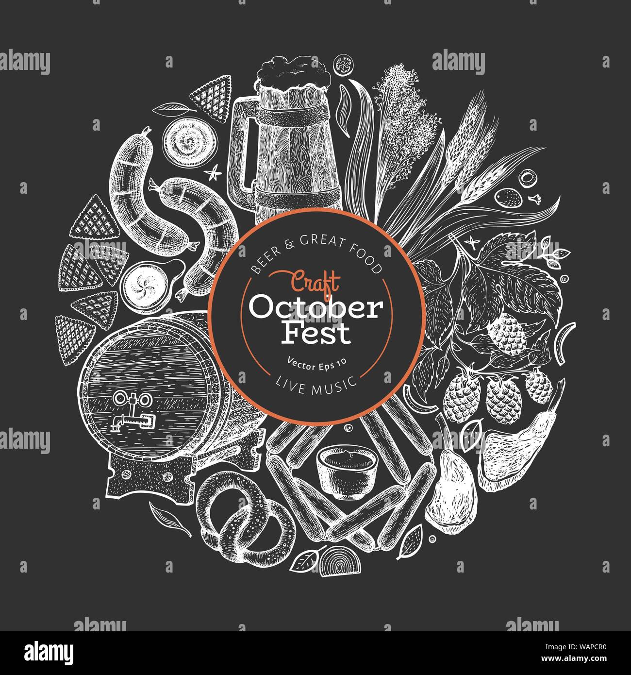 Octoberfest design template. Vector hand drawn illustrations on chalk ...