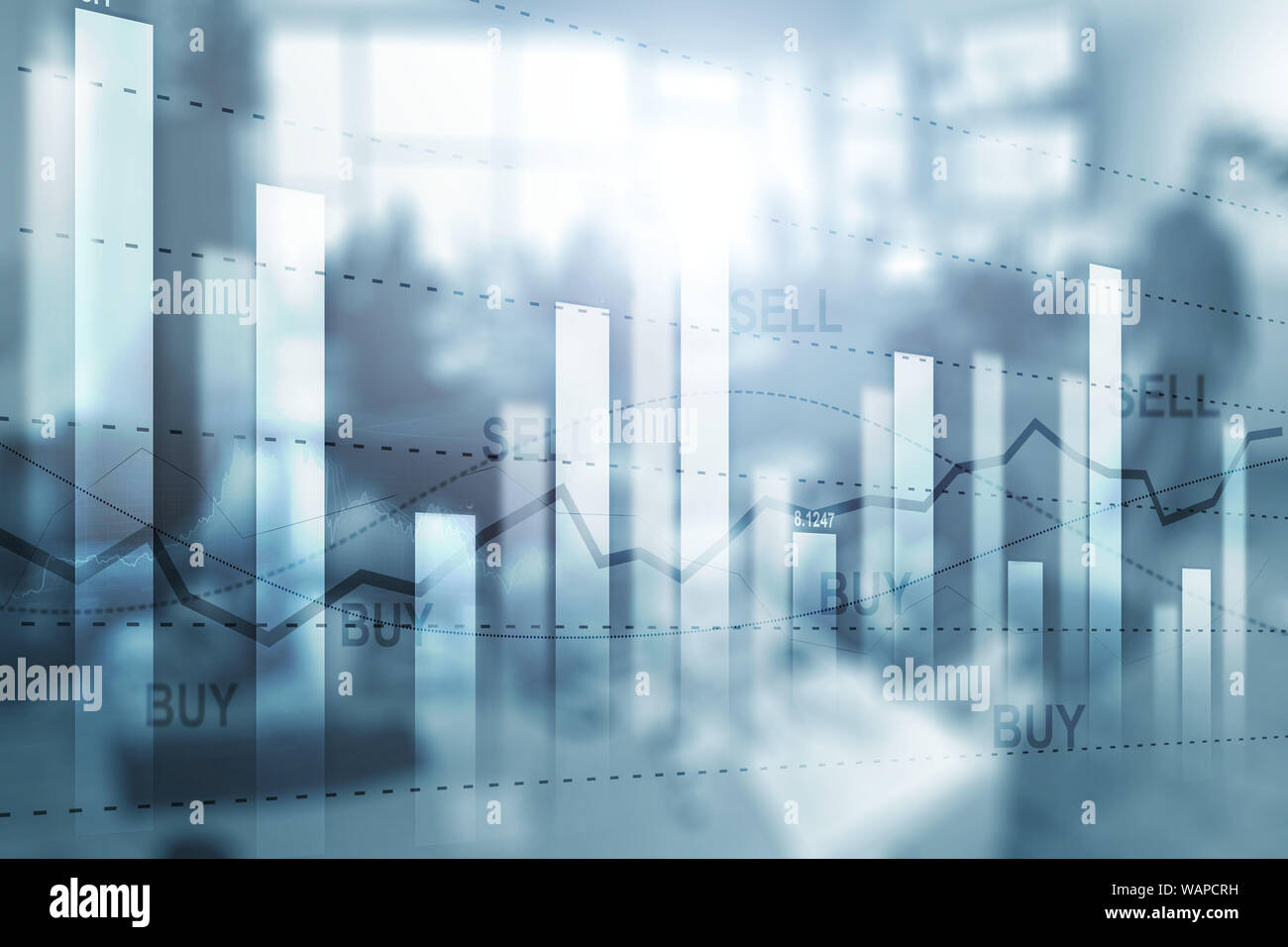 Sell and Buy. Financial stock trading graph chart diagram on blurred ...