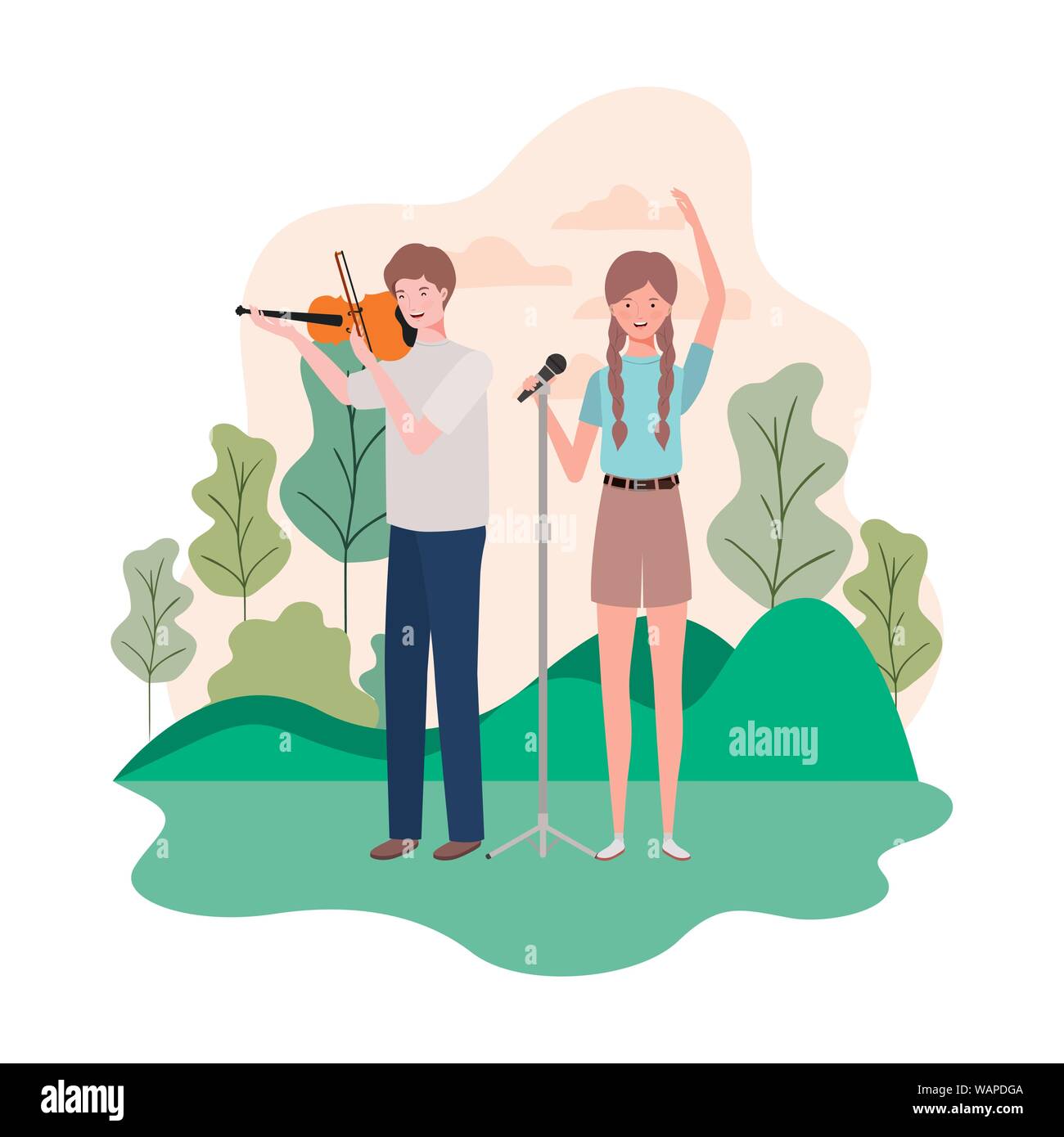 couple of people with musicals instruments and background landscape ...