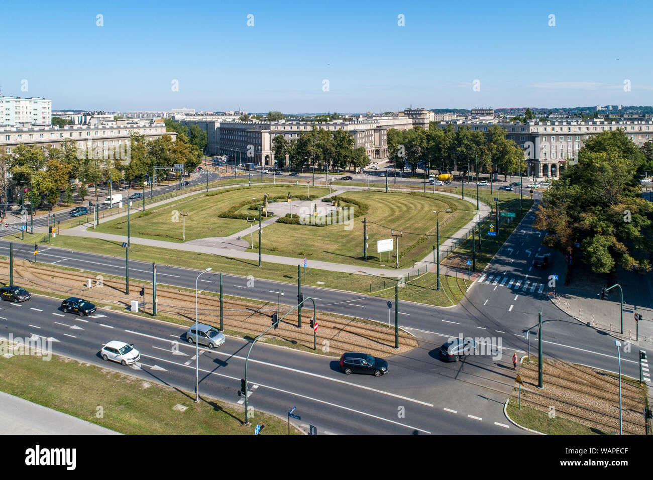 Kraków, Poland. Aerial panorama of Ronald Reagan Central Square in Nowa Huta. One of two ...