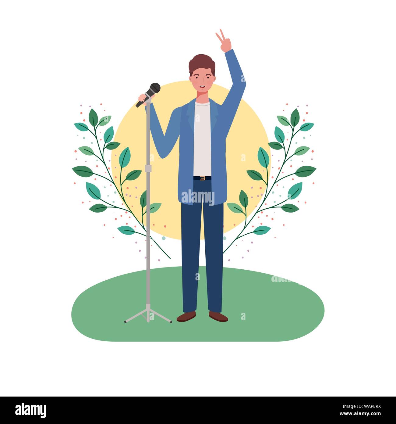 man with microphone and branches and leaves in the background Stock ...