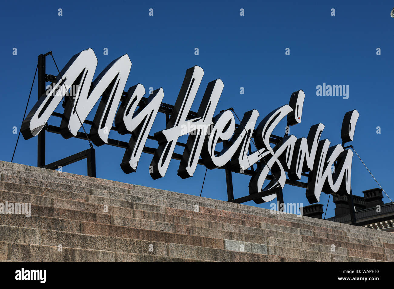 My Helsinki -sign against clear blue sky on Cathedral steps in Helsinki ...