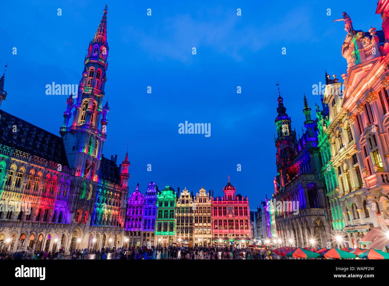 Brussels Grand Place by night and its multi colour show Stock Photo - Alamy