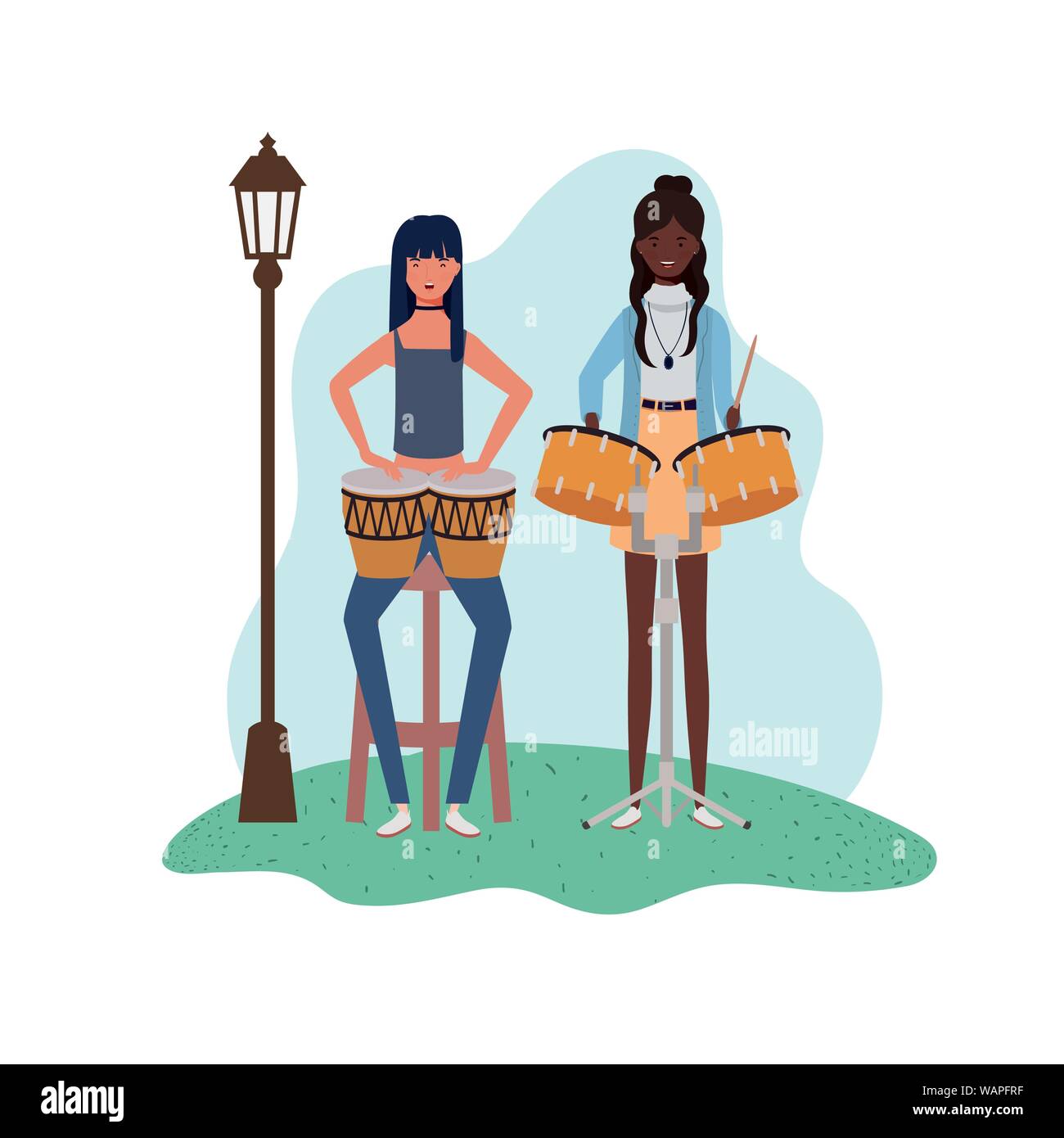 women with musical instruments and background landscape Stock Vector ...