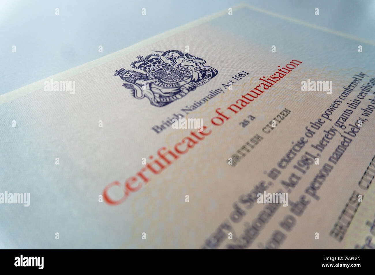 Official Certificate Of Naturalisation Awarded To New British Citizens 