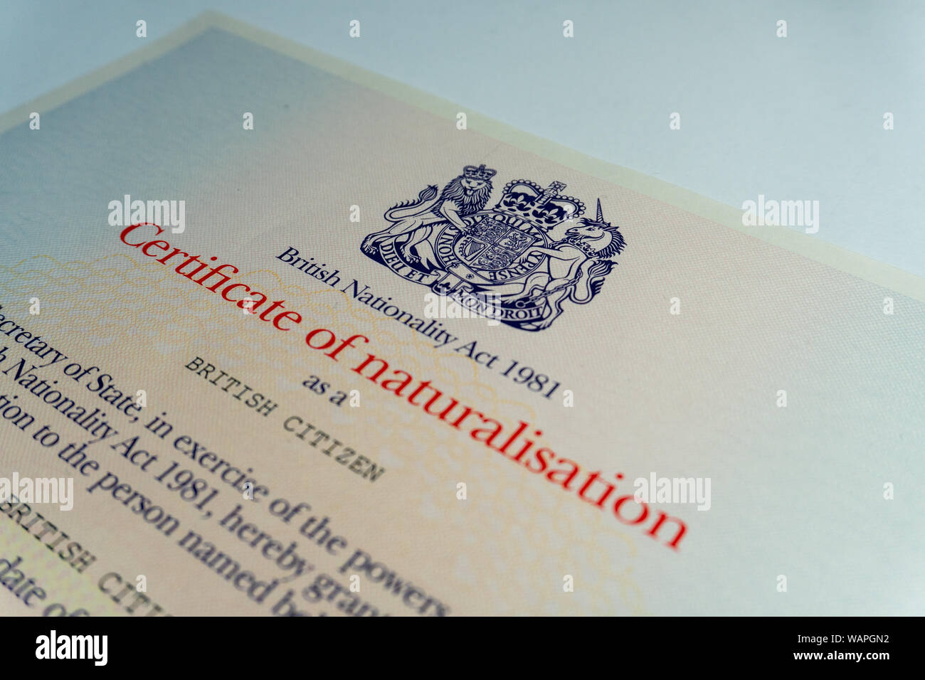 Official certificate of naturalisation awarded to new British Citizens ...