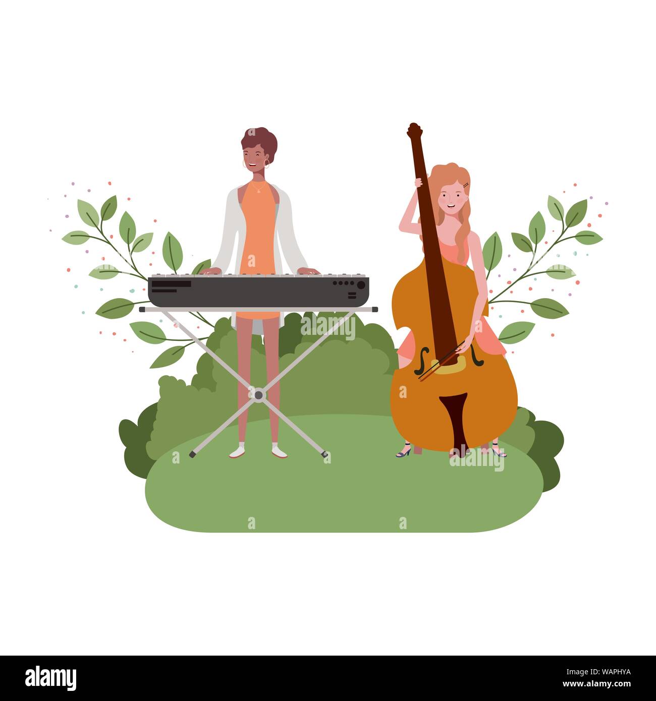 women with musical instruments and background landscape Stock Vector ...