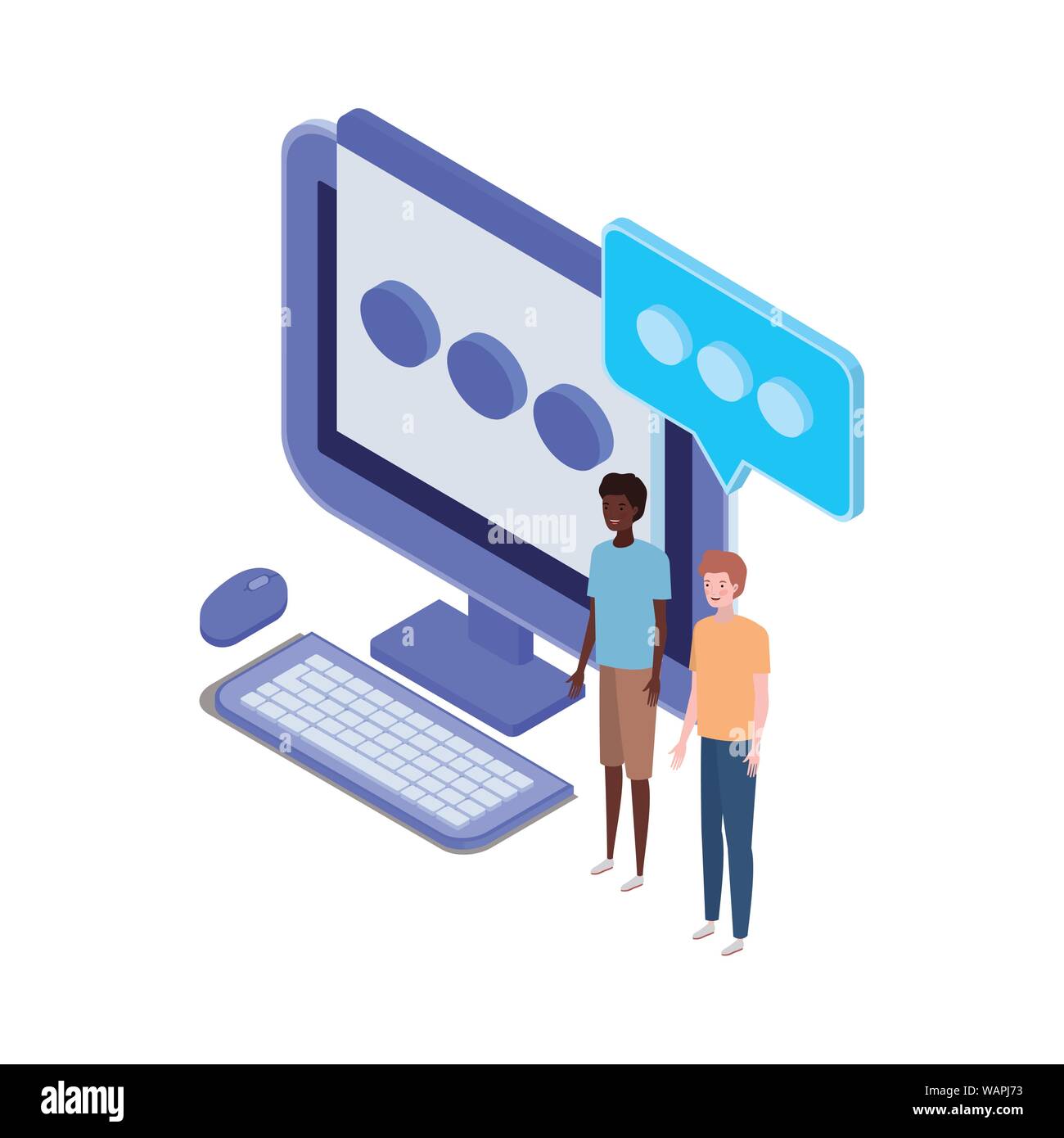 men with desktop computer screen and email notifications Stock Vector ...