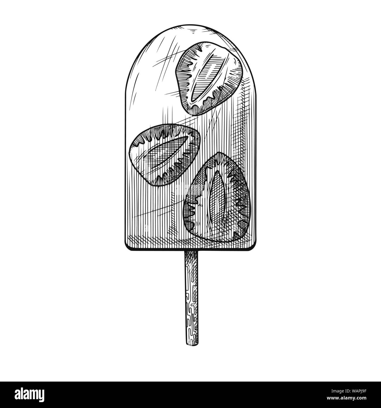 Realistic sketch of ice cream on a stick. Vector illustration in sketch ...