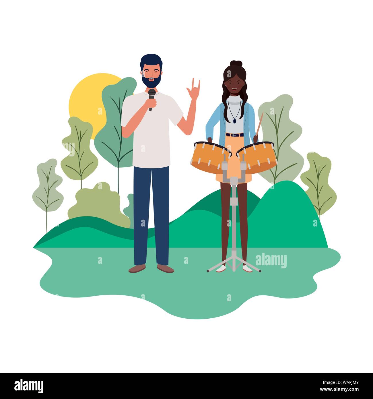 couple of people with musicals instruments and background landscape ...