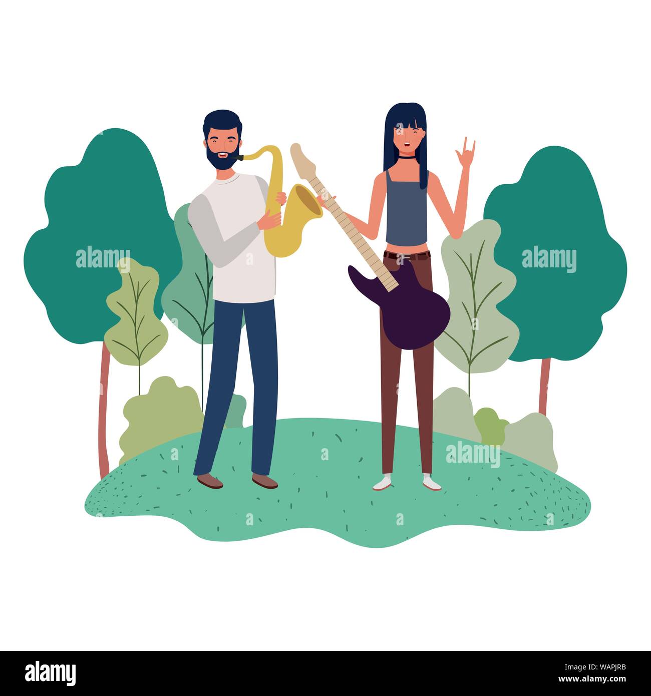 couple of people with musicals instruments and background landscape ...