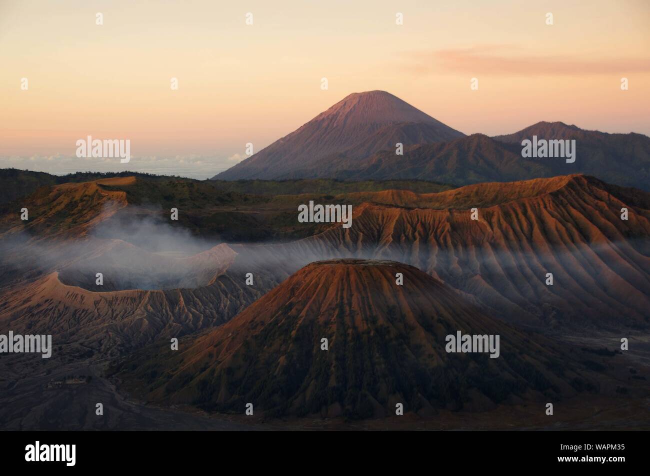 The Bromo volcano at dawn on the Java island in Indonesia Stock Photo ...