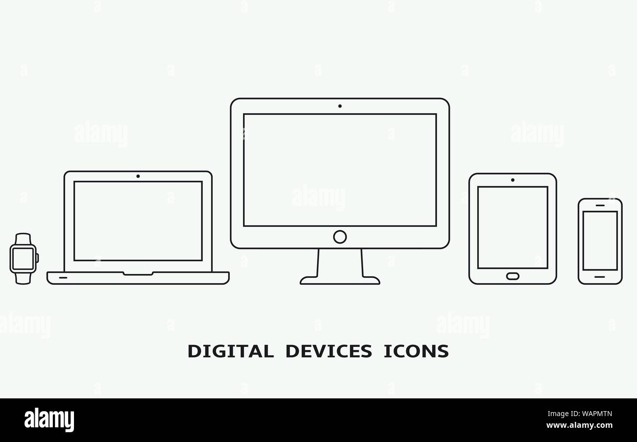 Vector set of outline device icons. Monitor, laptop, tablet pc ...