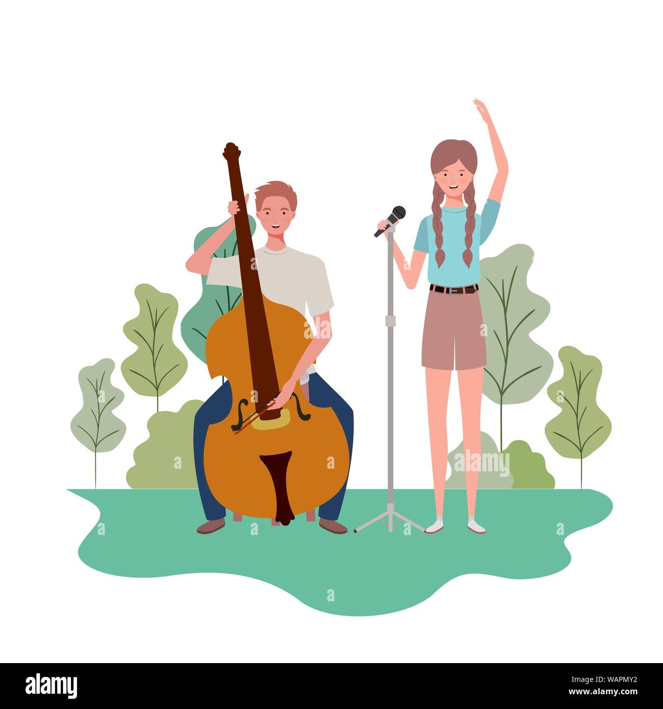 couple of people with musicals instruments and background landscape ...