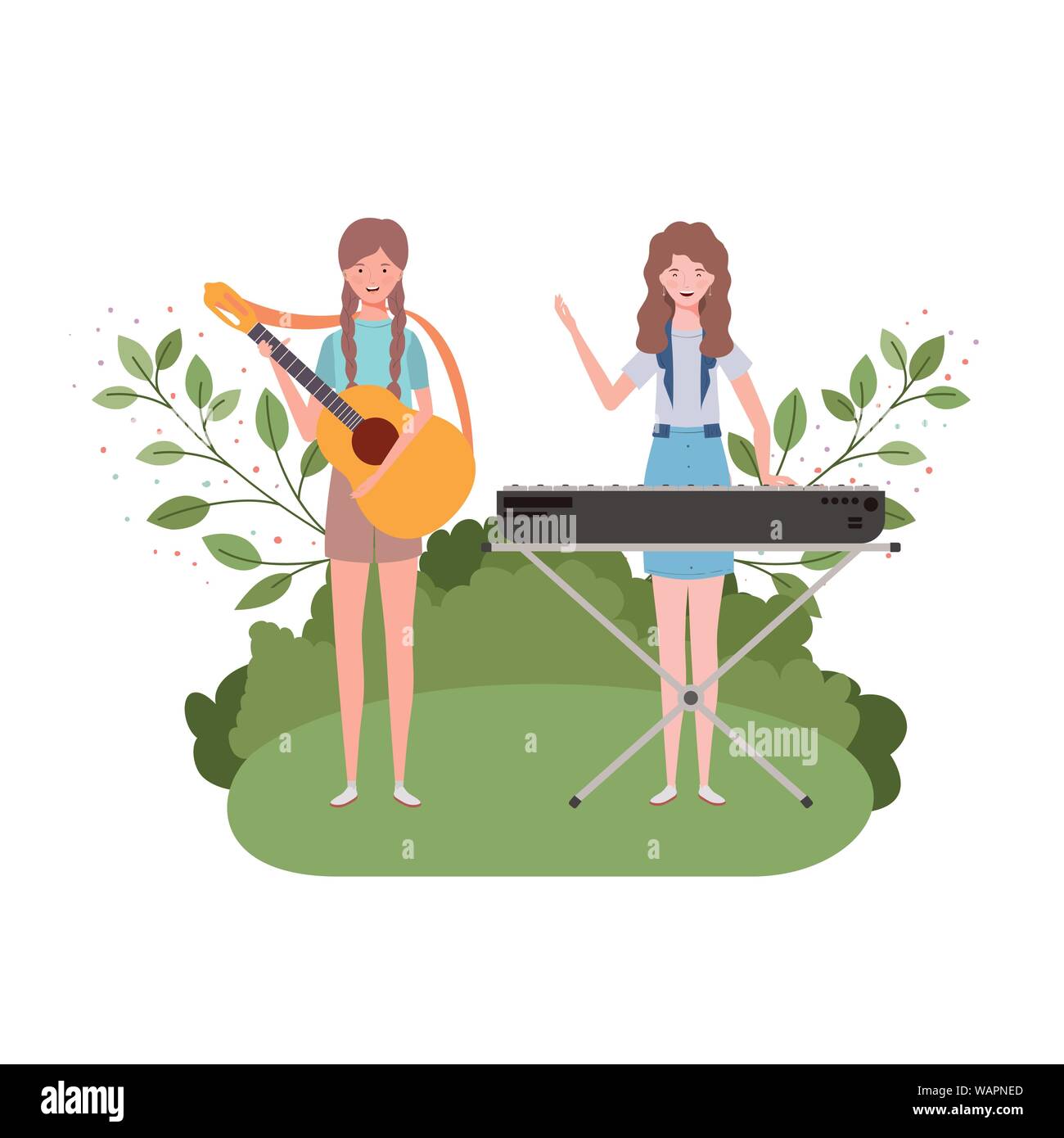 women with musical instruments and background landscape Stock Vector ...