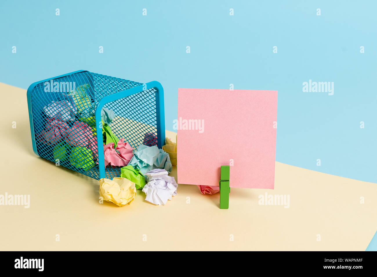 Trash bin crumpled paper clothespin empty reminder office supplies ...