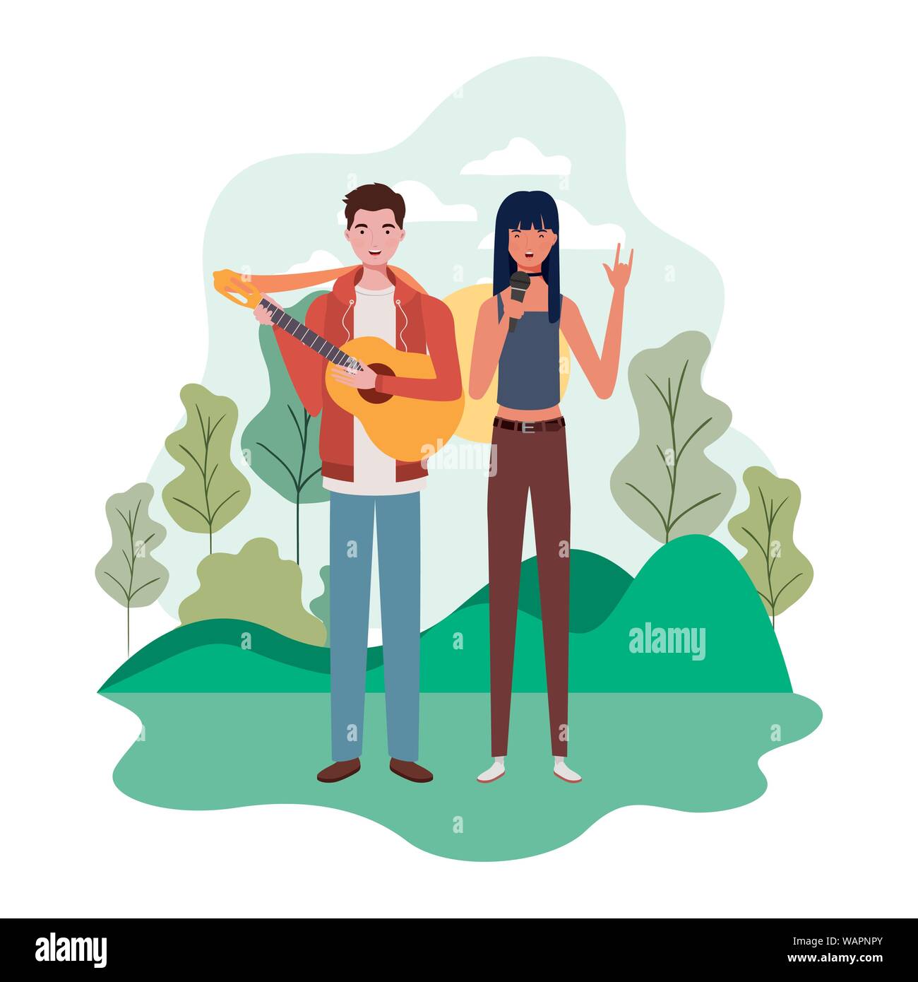 couple of people with musicals instruments and background landscape ...