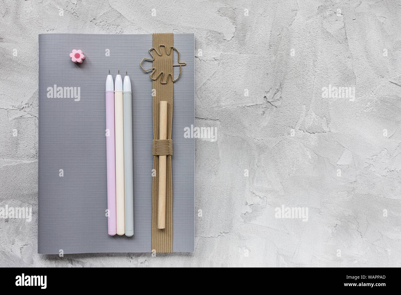 Notebook, pencil and pens on a gray background. Education, back to ...