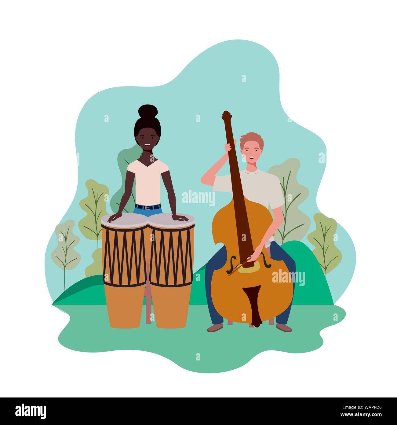 couple of people with musicals instruments and background landscape ...