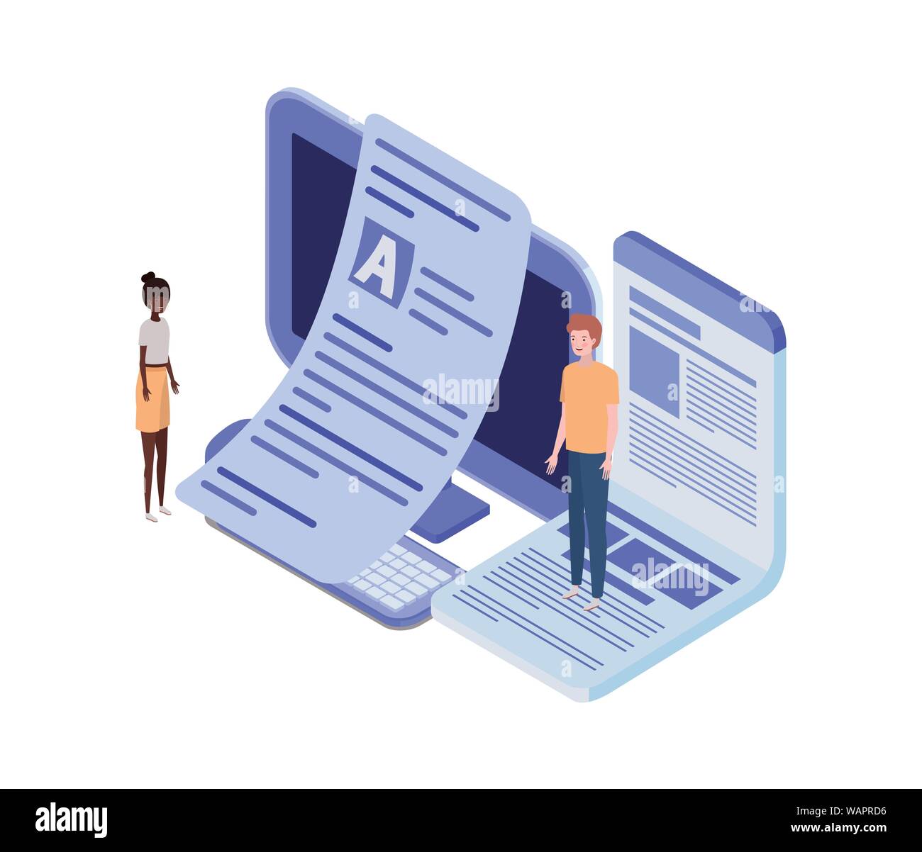 couple of people with desktop computer screen and sheets of paper Stock ...