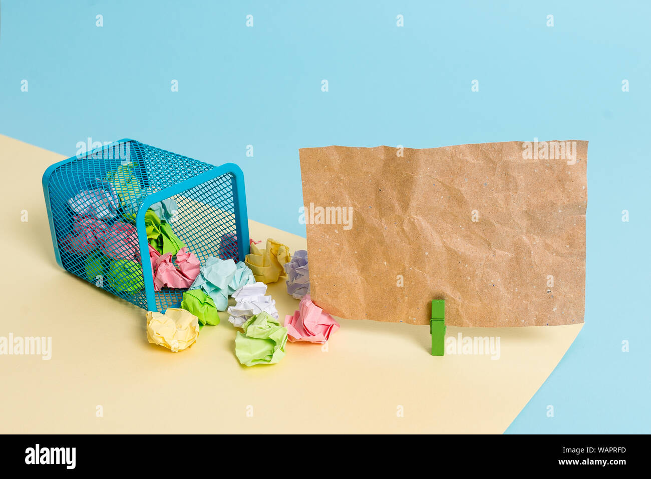 Trash bin crumpled paper clothespin empty reminder office supplies ...