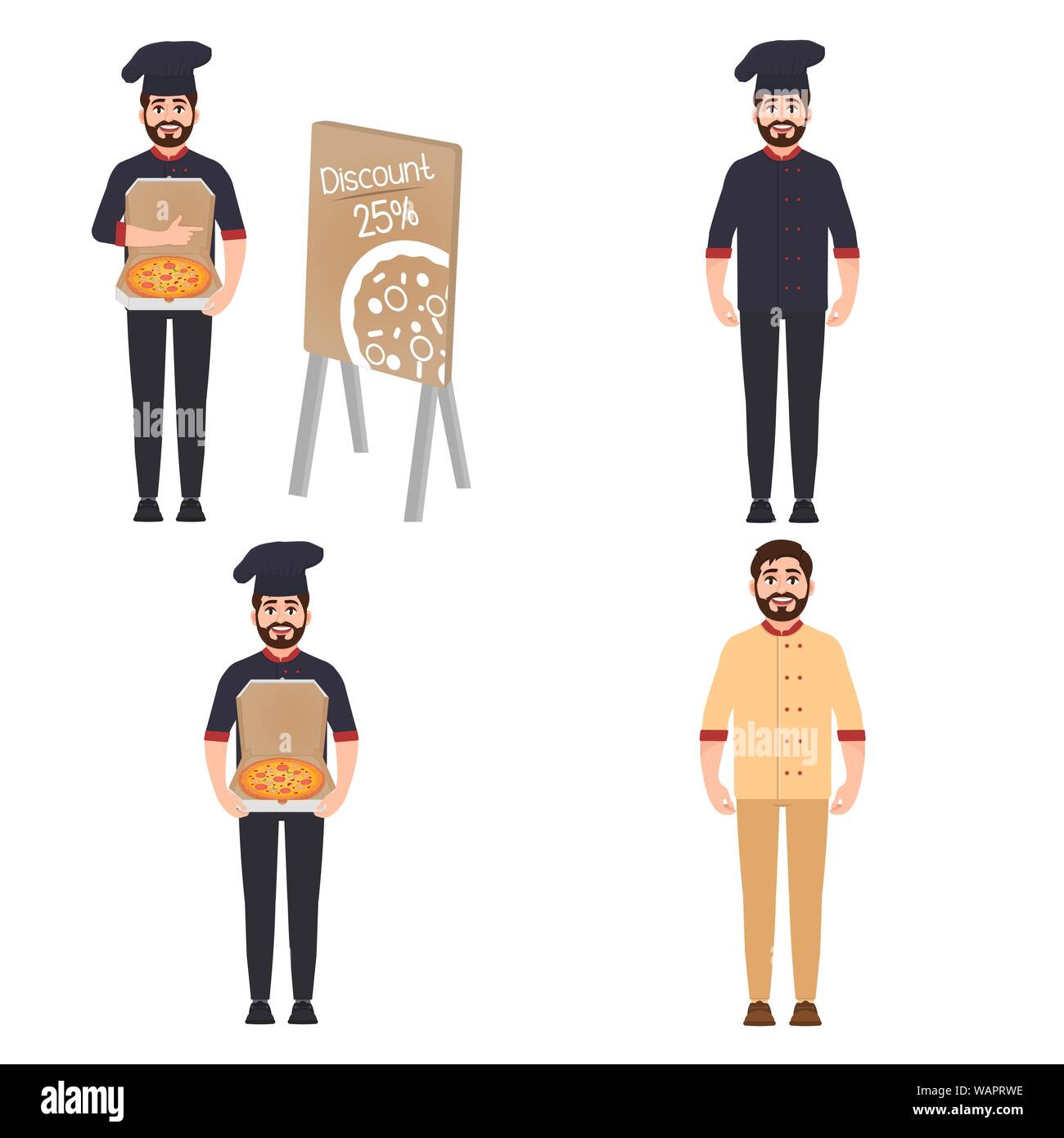 Chef holds pizza, pizza maker sells pizza at a discount vector ...