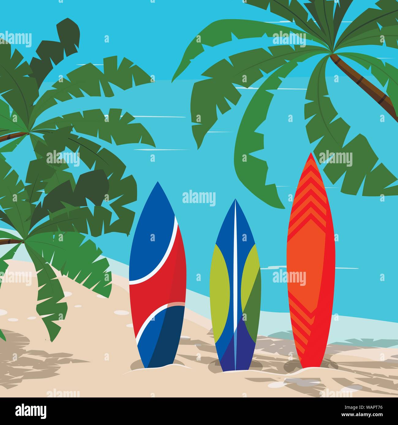 Beautiful marine landscape with colored surfboard - ocean, palm trees ...