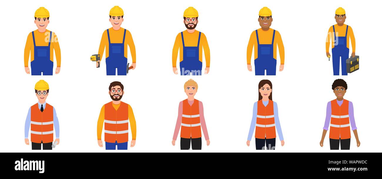 Men and women builders avatars, people dressed in building uniforms ...