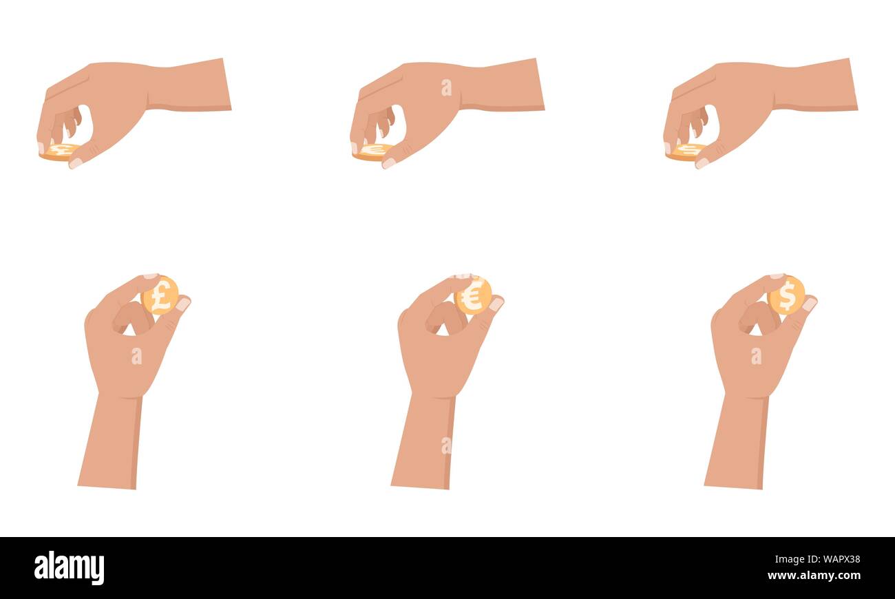 Hand holds gold coins, money with symbols of dollar, euro and pound ...