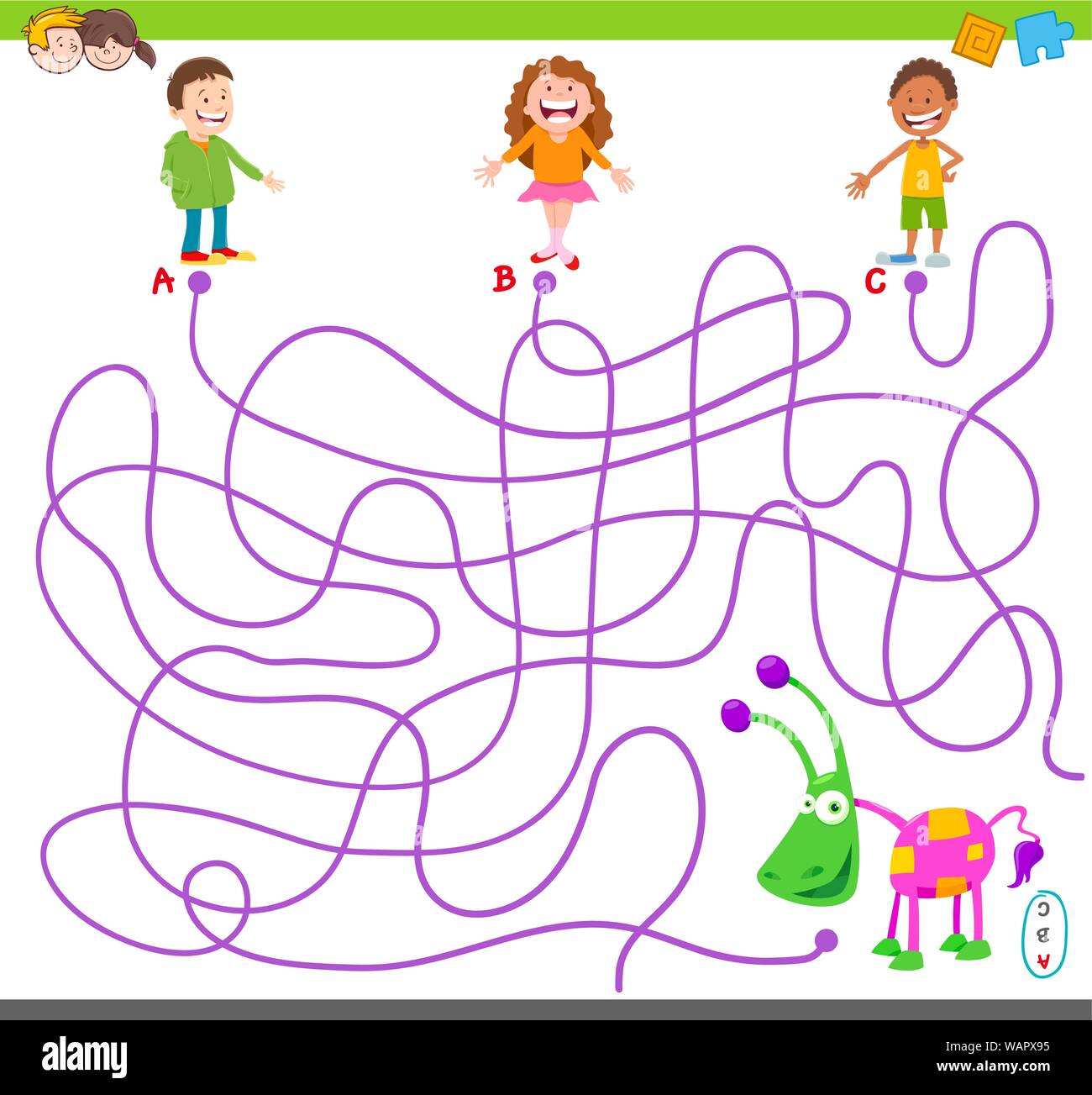 Cartoon Illustration of Lines Maze Puzzle Activity Game with Children ...