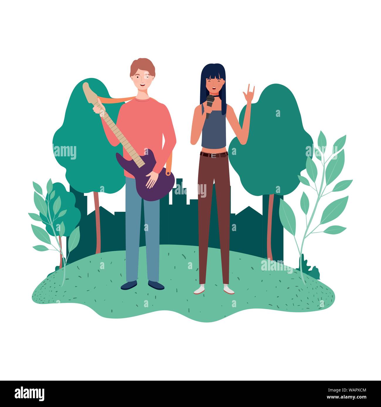 couple of people with musicals instruments and background landscape ...