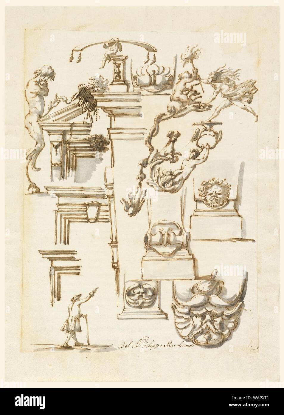 Drawing, Architectural Details and Figure Study, 1760–80 Stock Photo ...