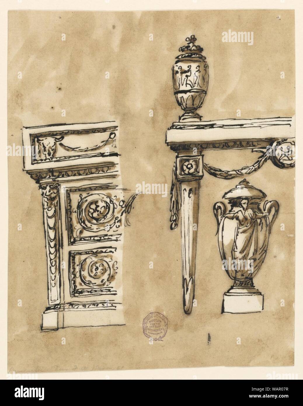Drawing, Cabinet, Console Table and Urns, ca. 1790 Stock Photo - Alamy