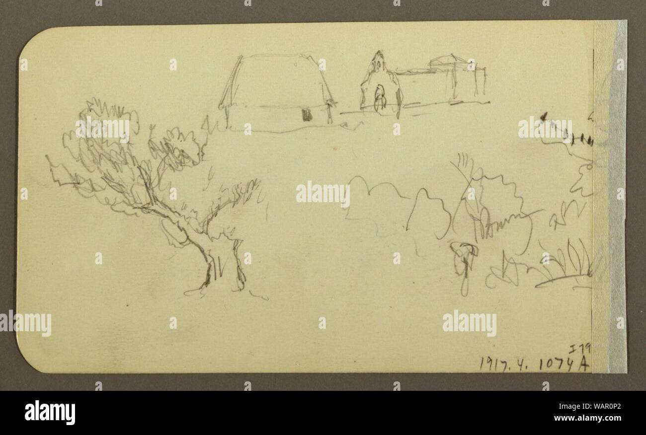 Drawing, Cathedral, Mountain, Cuautla; Verso- House, Church, Tree ...
