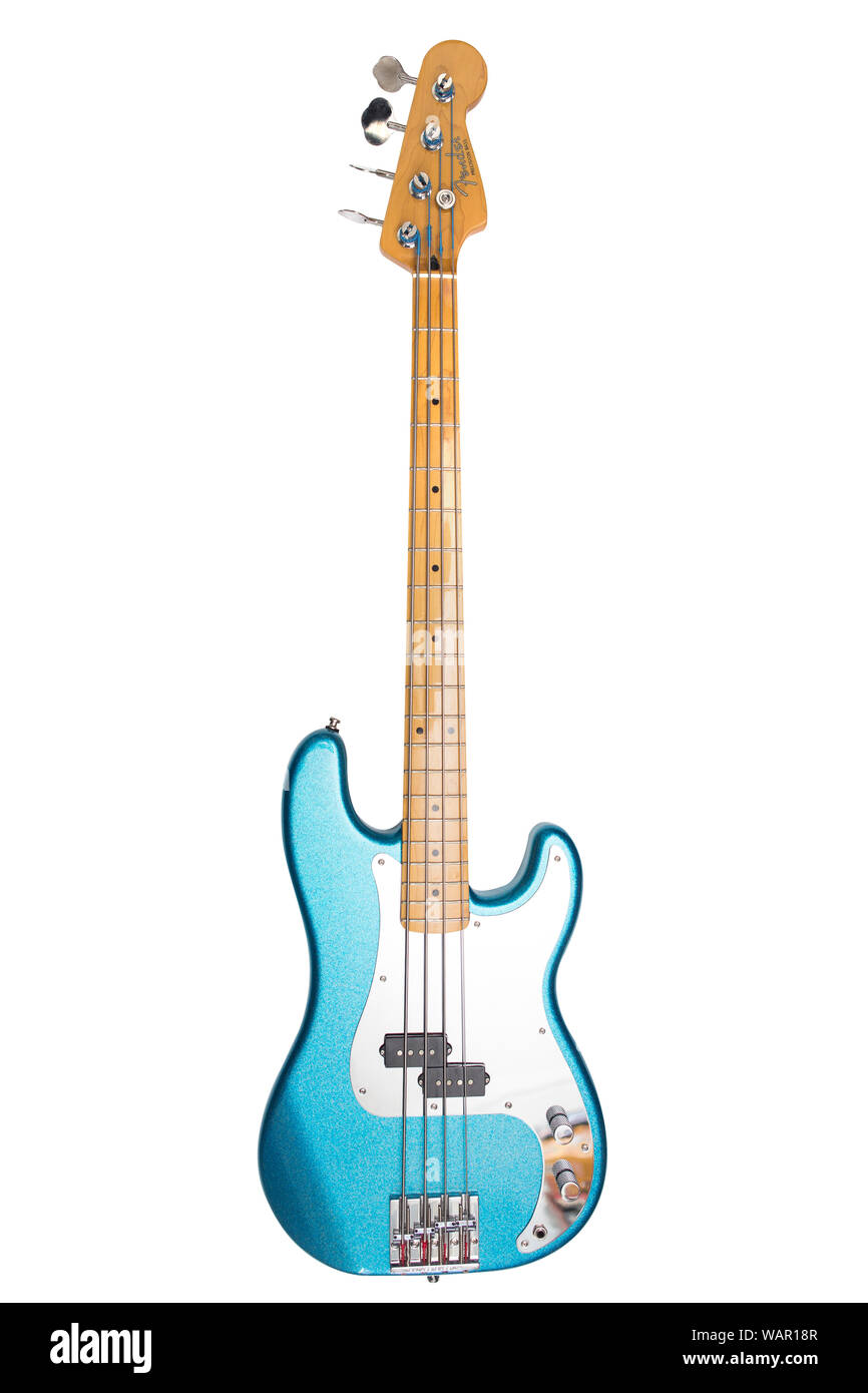 Close up on al electric string instrument on white background Stock ...