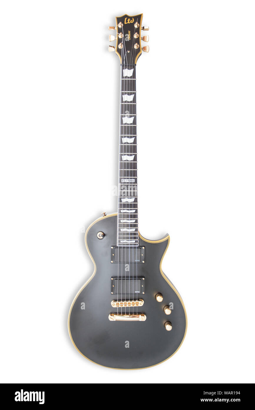 Close up on al electric string instrument on white background Stock ...