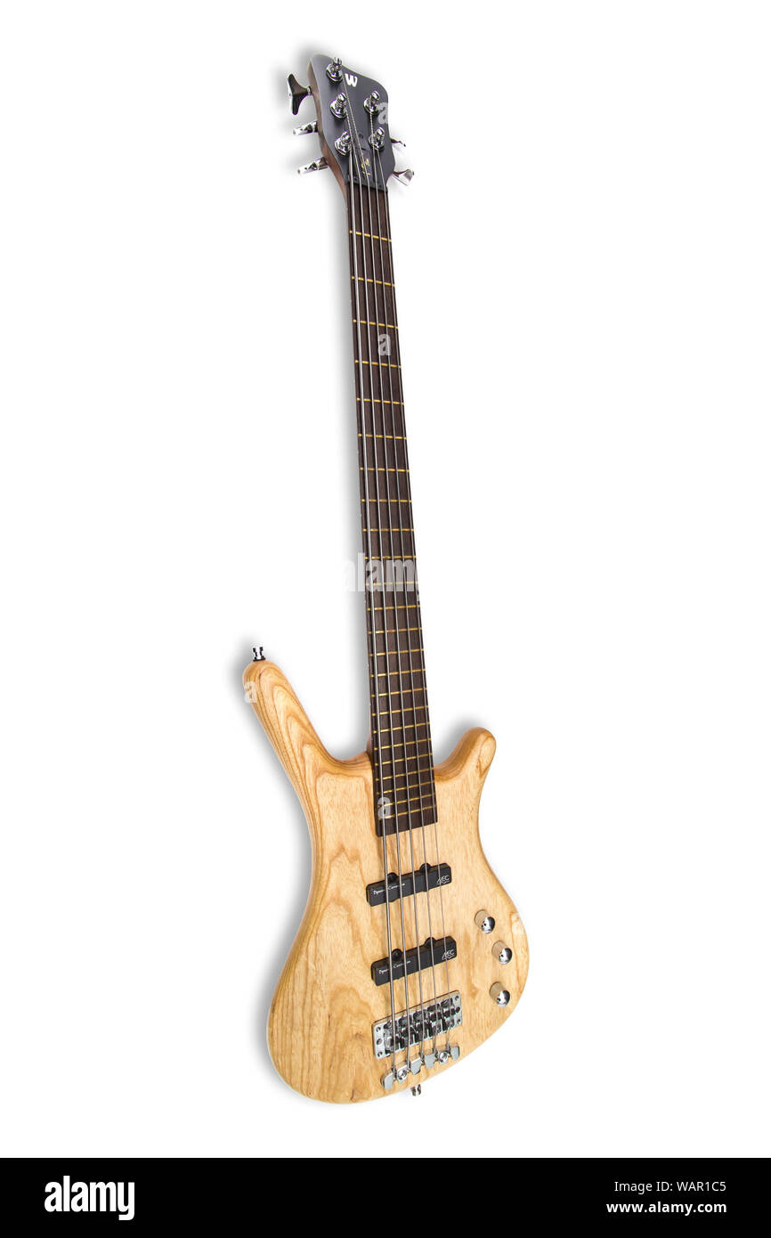 Close up on al electric string instrument on white background Stock ...