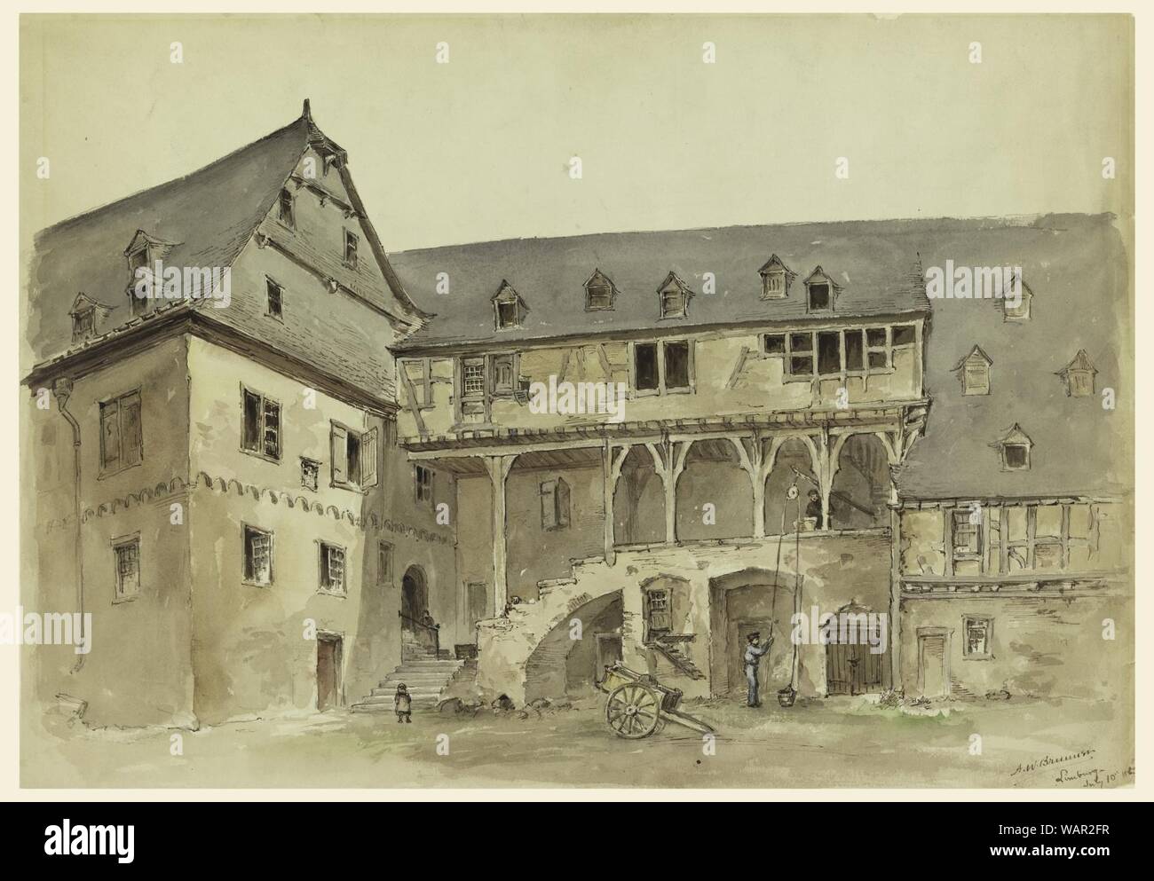 Drawing, Courtyard of a Medieval Manor, ca. 1889 Stock Photo - Alamy